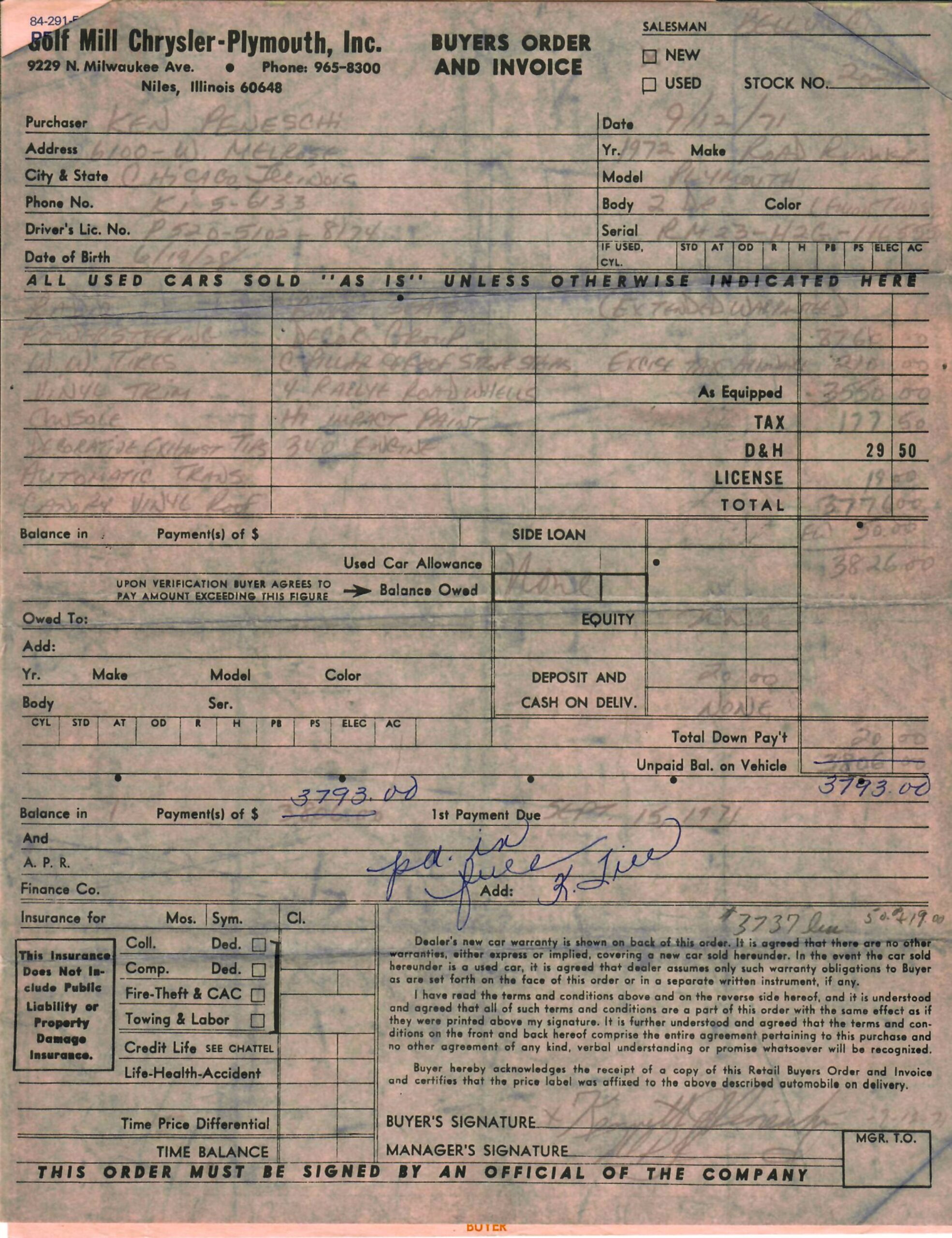 Original Owner: '72 Plymouth Road Runner Left Tire Marks Across Chicago ...